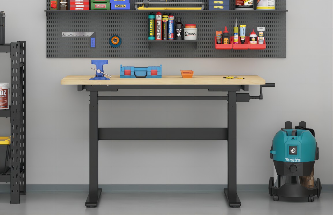 Hand Crank Height Adjustable Packing Table with Rubberwood Tabletop