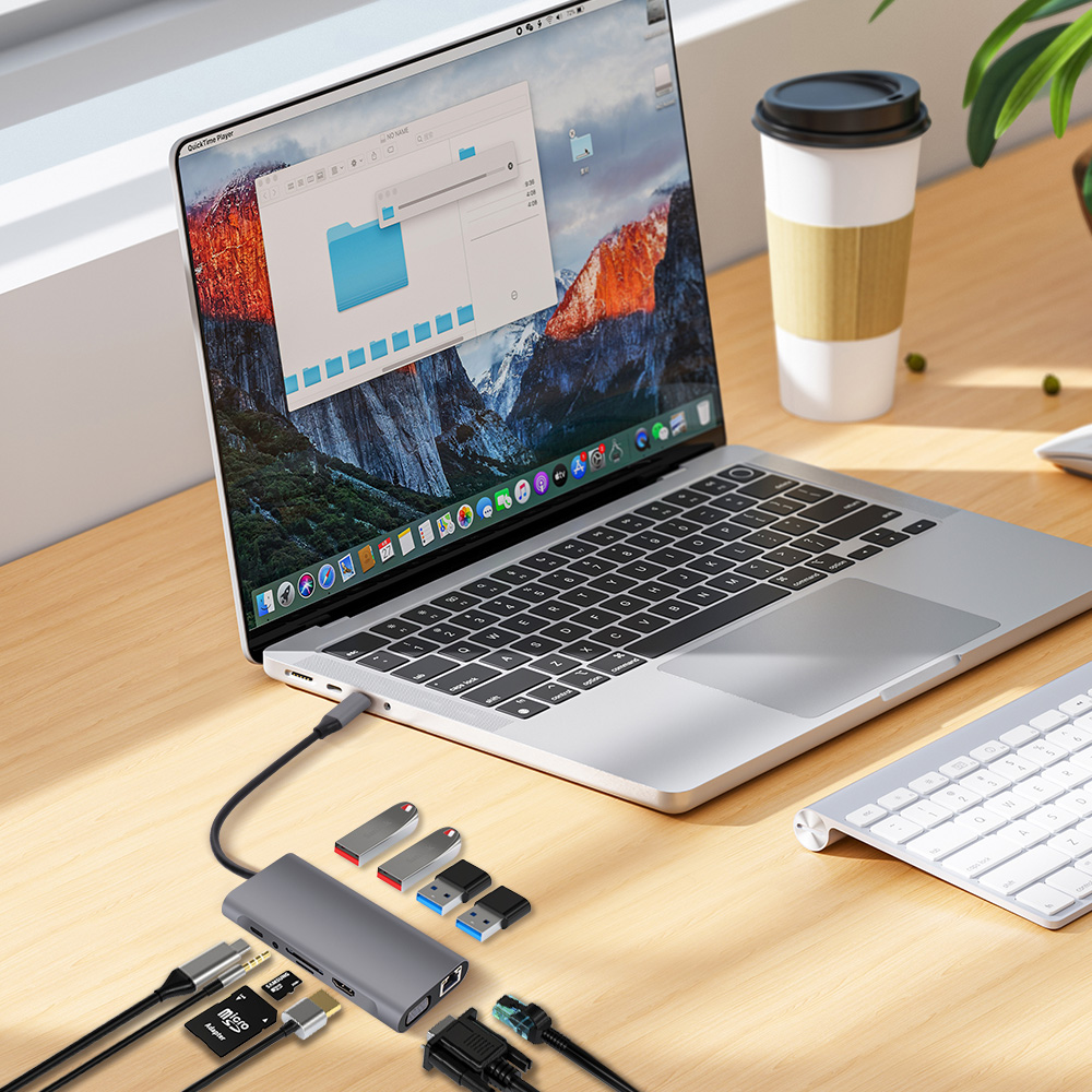 11-port USB C Adapter with HDMI, VGA, PD, Audio, 3 USB2.0, USB 3.0 ...