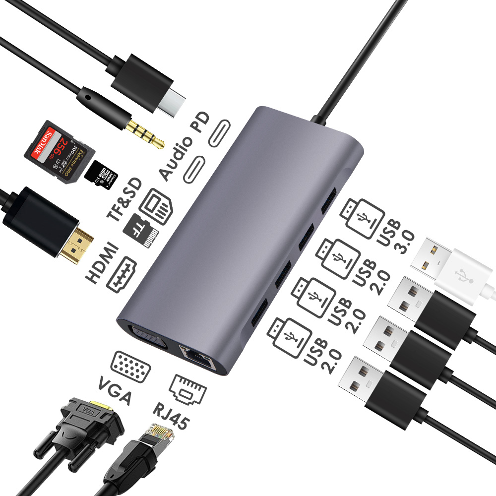 11-port USB C Adapter with HDMI, VGA, PD, Audio, 3 USB2.0, USB 3.0 ...