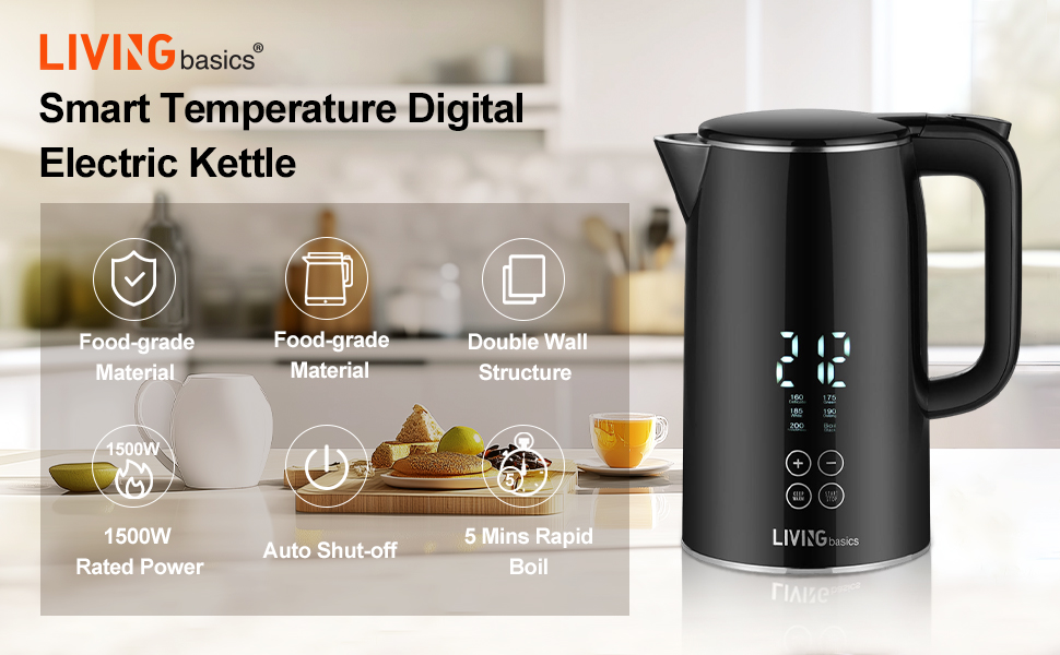 Smart Temp Digital Kettle Full Stainless Interior, Double-layer,1.7L ...