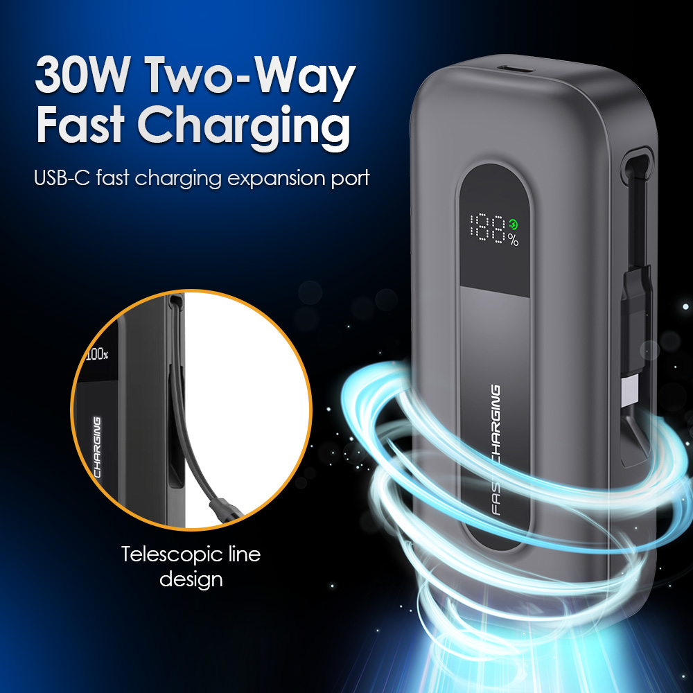 10000mAh Portable Fast Charge Power Bank with Built-in Retractable USB ...