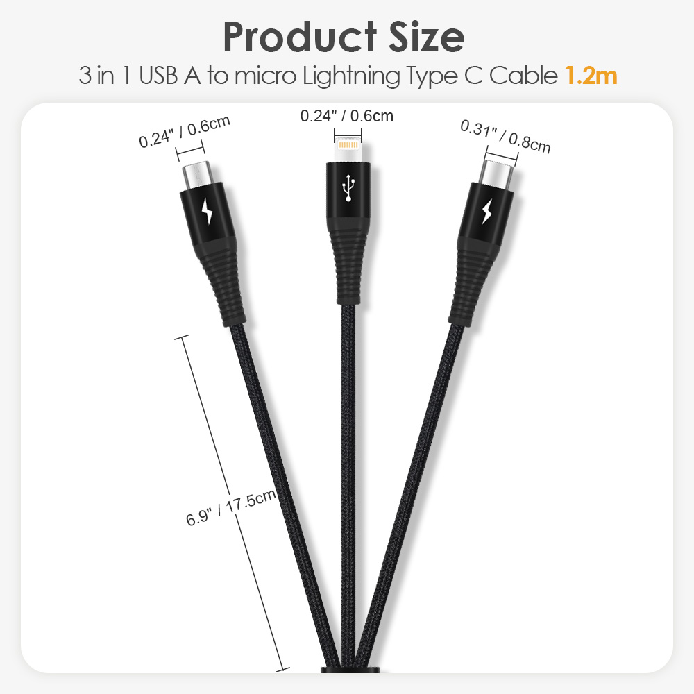 3 in 1 Nylon Braided USB A to Micro/Lightning/Type-C Charging Cable ...