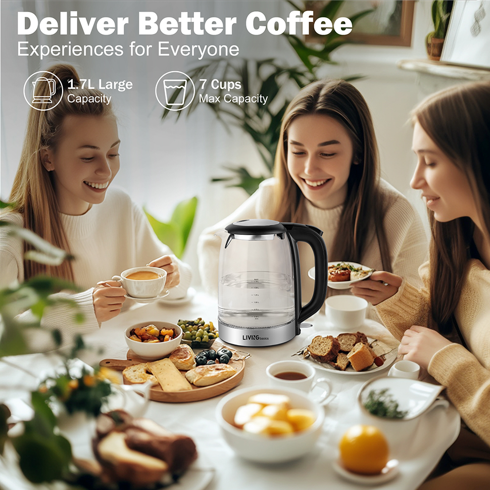 1.7L Cordless Electric Glass Tea Kettle, 1500W, BPA-Free - LIVINGbasics®
