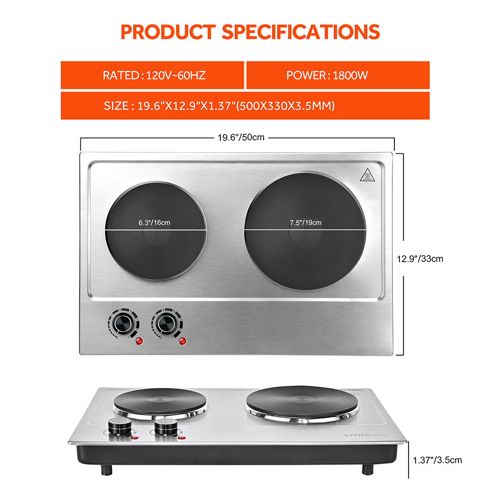 1800W Double Hot Plate, Portable Electric Cooktop with Cast Iron ...