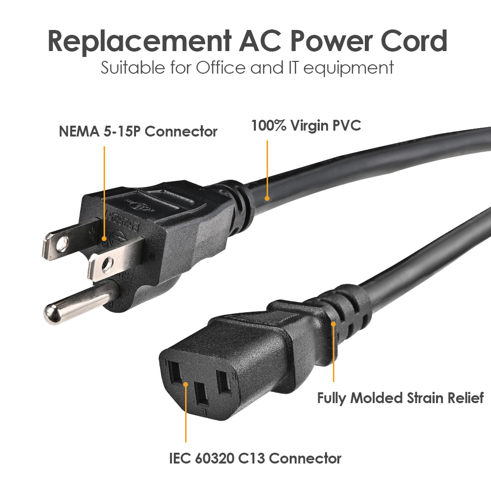NEMA 5-15P to IEC C13 Power Cable 15A 125V, 14AWG - SJT Jacket ...