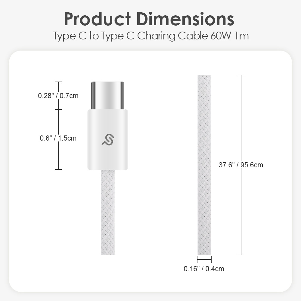 60W USB-C to USB-C Cable Type-C Fast Charging Charging Cord, 1M, White ...