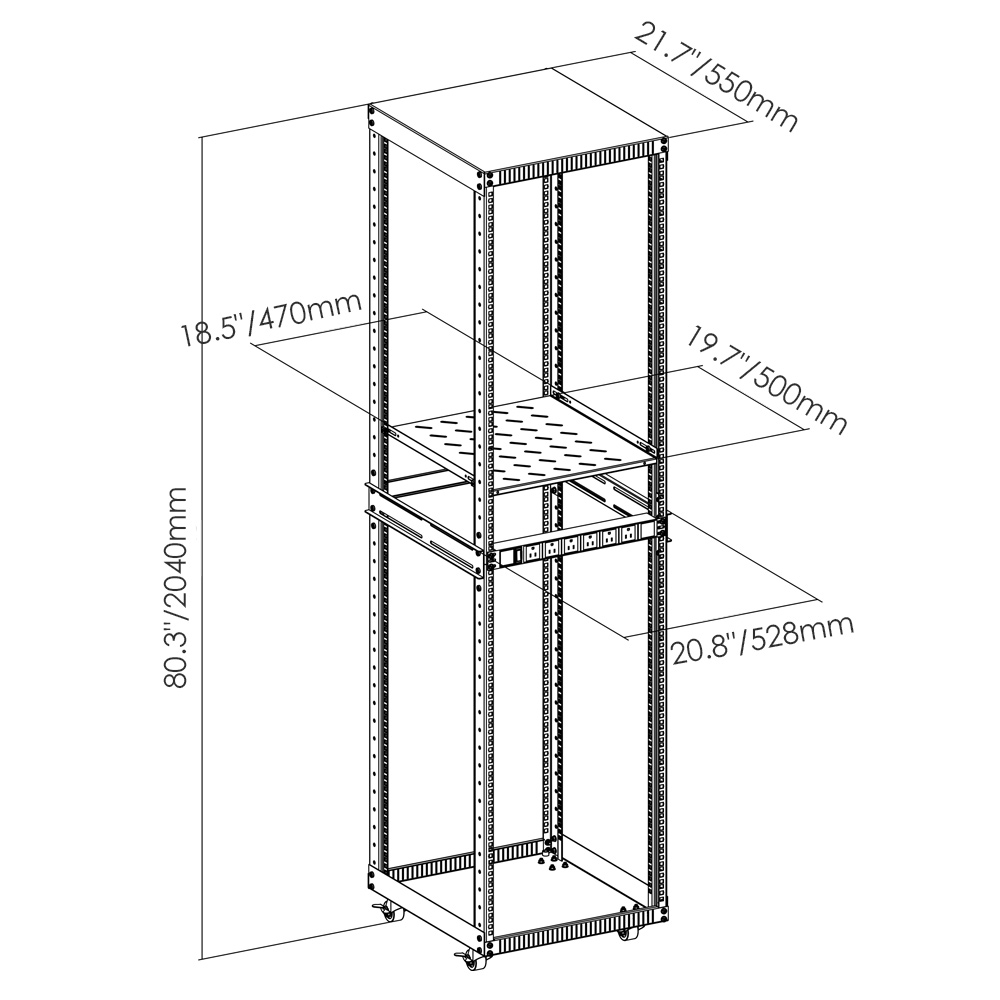 42U Mobile Open Frame Server Rack with Wheels + PDU (6 Outlets ...