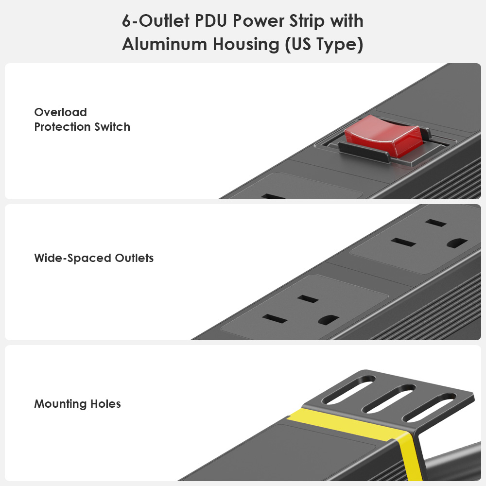 1U 6-Outlet PDU Power Strip with Aluminum Alloy Housing, ETL Certified ...