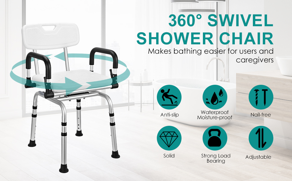 360° Swivel Shower Chair with Flip-up Armrest and Adjustable Height ...