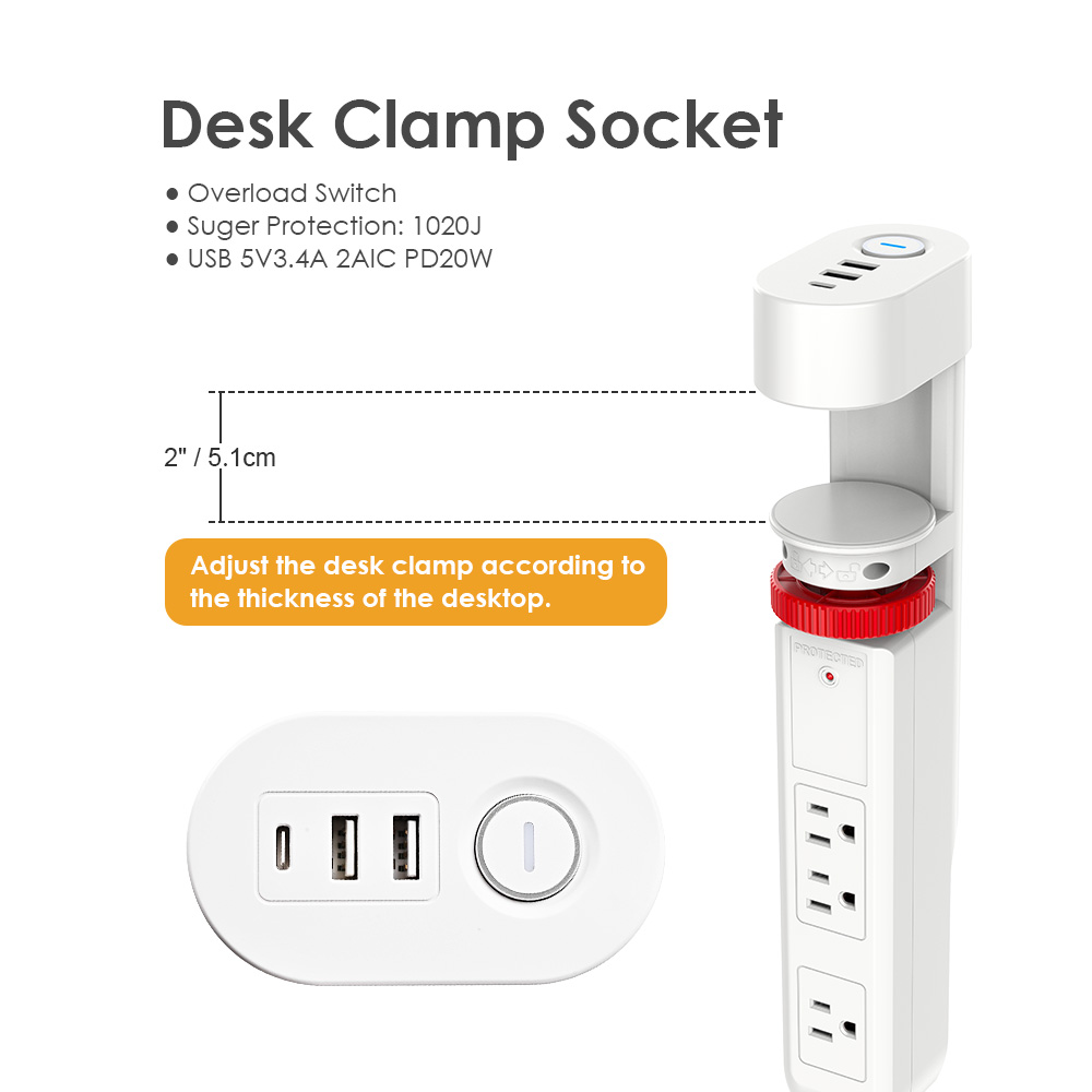 Desk Clamp 3-Outlet Power Strip 1020J Surge Protector with 1 USB-C & 2 ...