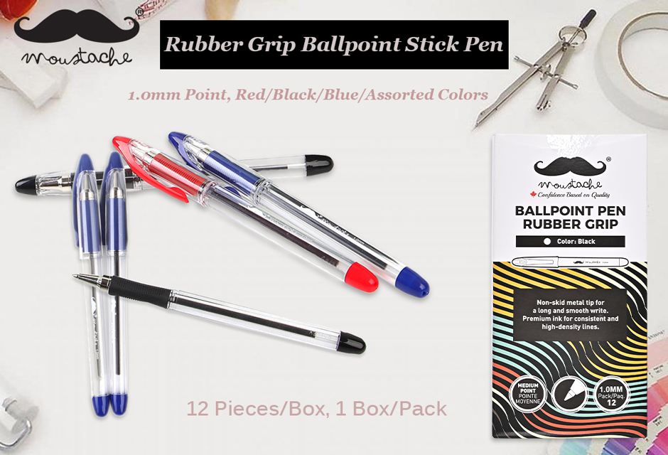 Rubber Grip Ballpoint Stick Pen, 1.0mm, 12/Box - Moustache®