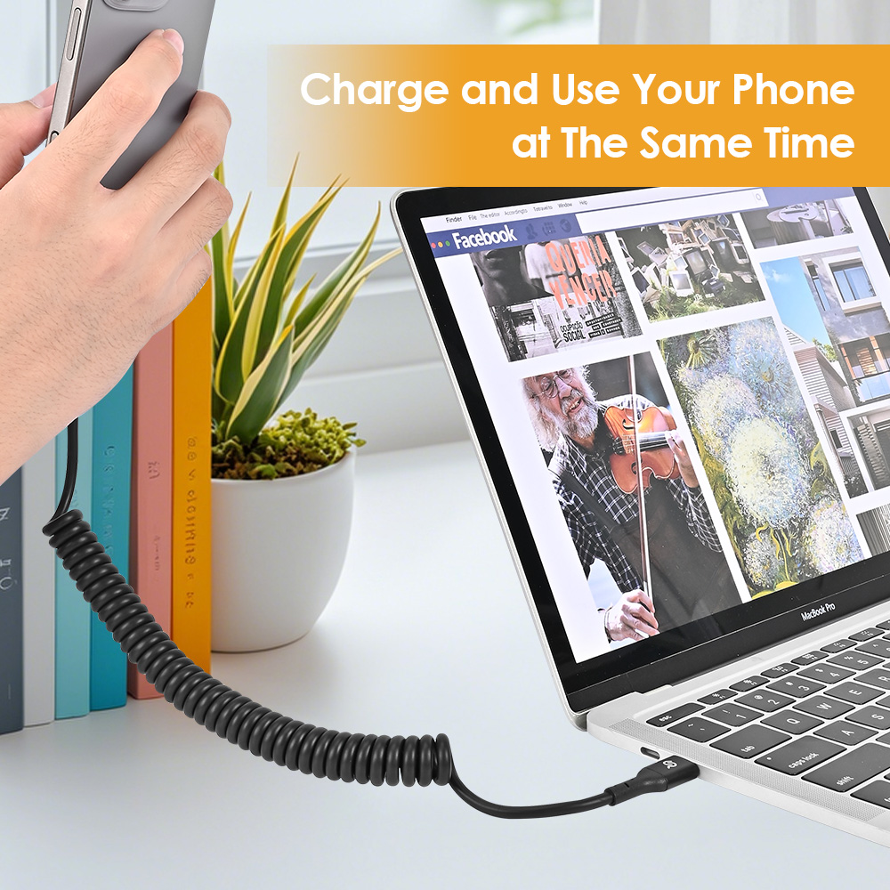 USB2.0 USB-A to Type-C Cables with Retractable Spring Cable, 6Ft ...