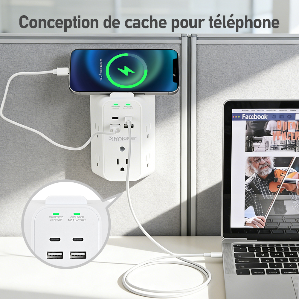 Multiprise parafoudre Trapezoid 900J, 5 prises avec 2 ports USB-C + 2 ...