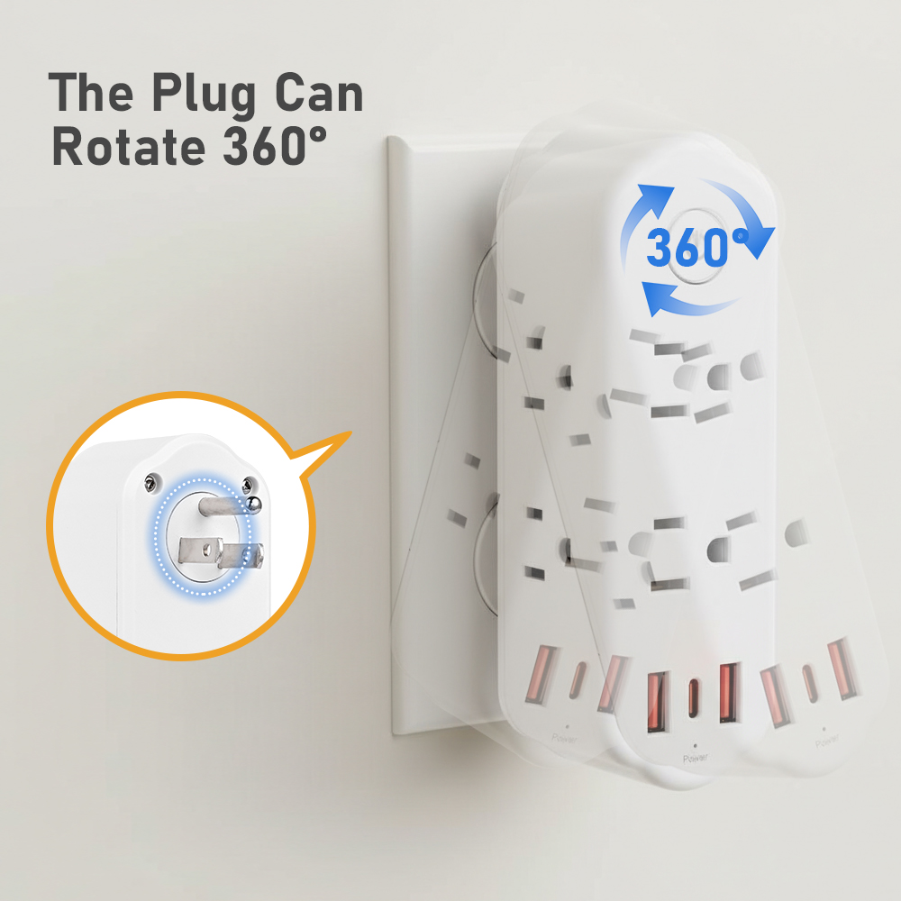 6-Outlet US Surge Wall Socket with 2 USB-A + 1 USB -C & 360° Rotate ...
