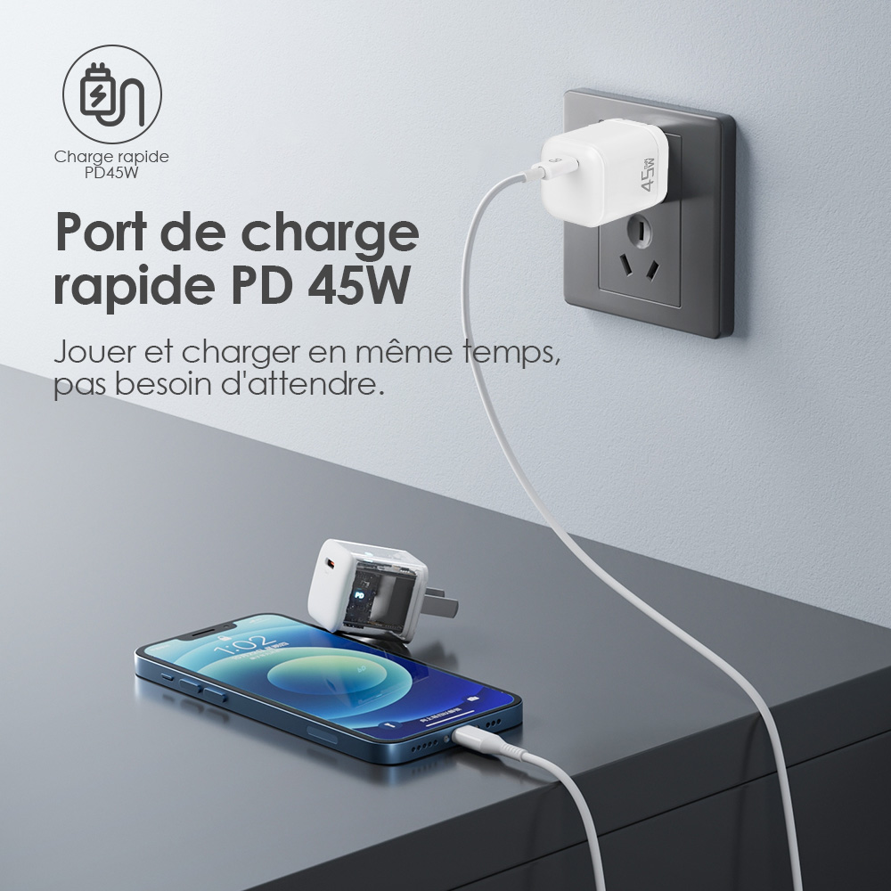 Chargeur Transparent GAN 45W à Charge Rapide avec Prise Pliable pour ...