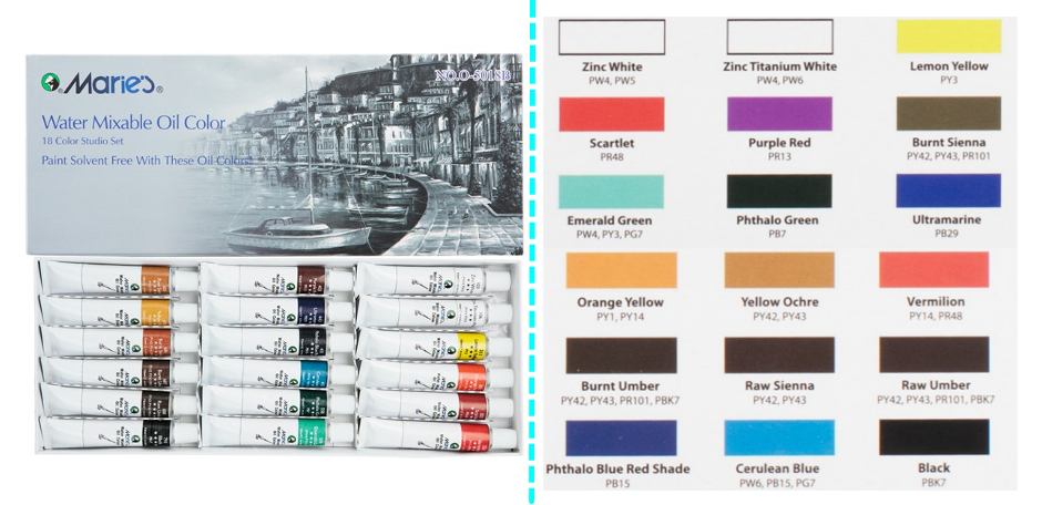 Marie's Water Mixable Oil Color Set, 12ml Tubes, 18 Assorted Colors/Box