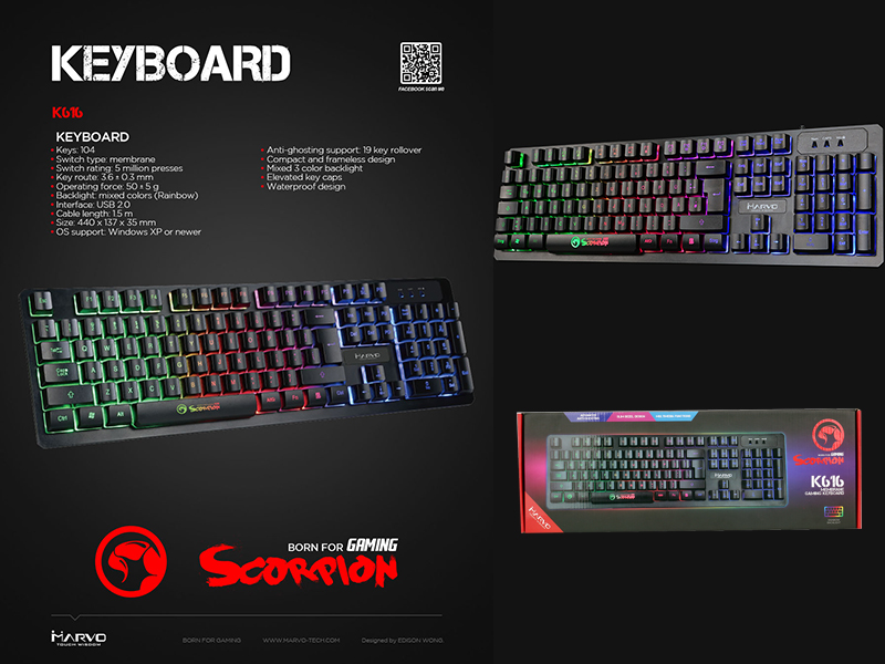 Marvo K616 Rainbow Backlit 104 Keys USB Gaming Keyboard, Black