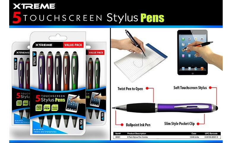 XTREME® 2in1 Touchscreen Stylus and Fine Tip Ballpoint Pen, 5Pack