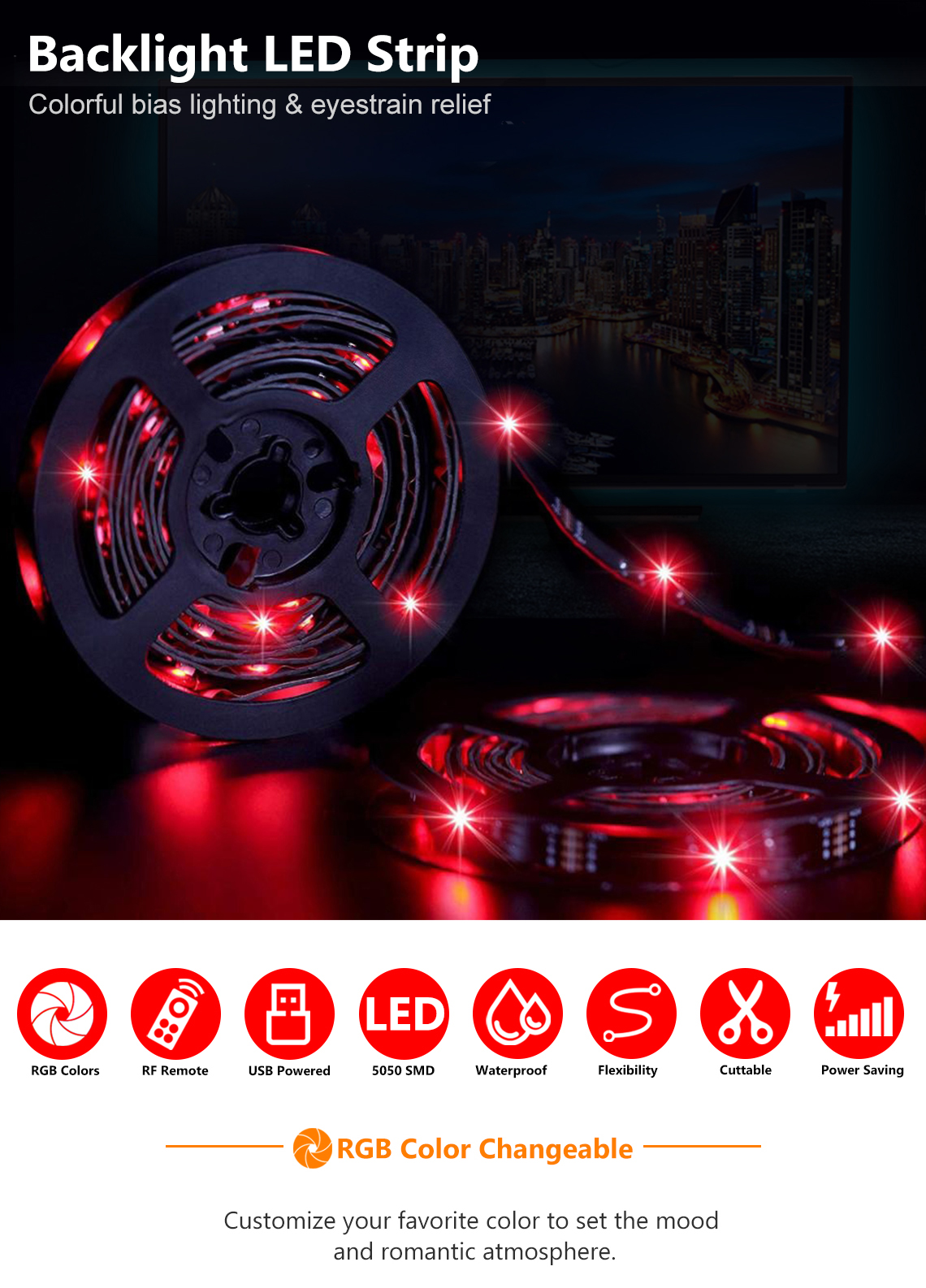 USB LED Strip Lights with RF Remote Control for TV Background Lighting ...
