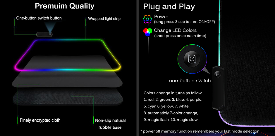 Tapis de souris de jeu RVB, 7 couleurs de LED - Moustache®