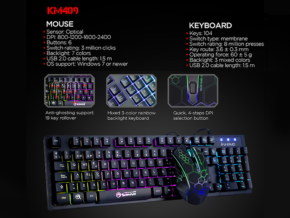 Marvo KM409 Ensemble clavier et souris de jeu à membrane filaire