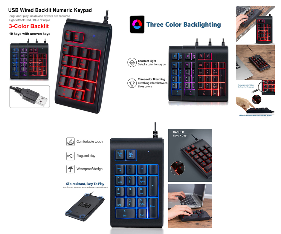 Wired 19 Keys Numeric Keypad with 3-Color RGB Backlight
