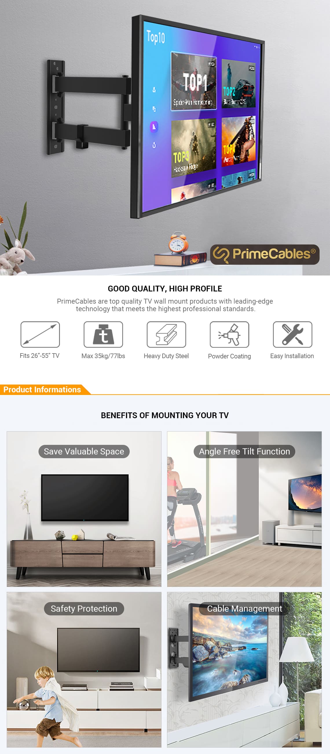 Full Motion Articulating TV Wall Mount Bracket - PrimeCables