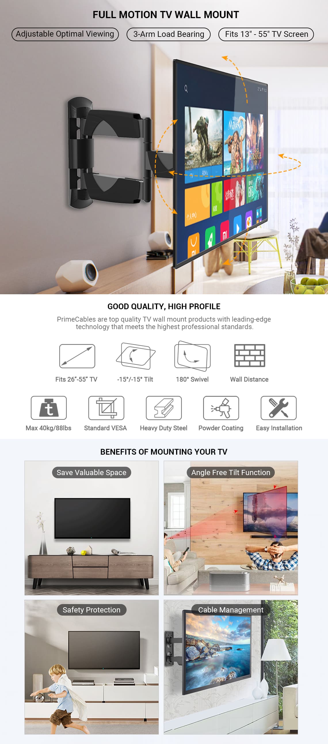 Full Motion TV Wall Mount for 13''-55'' TVs - PrimeCables