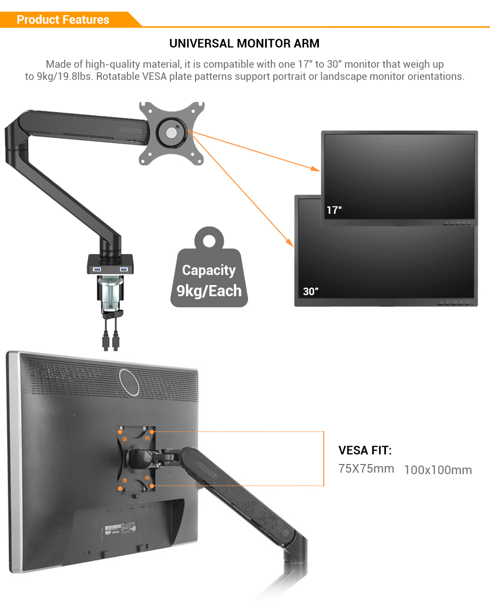 Ergonomics Adjustable Gas Spring Desk Mount for Most 17"-30" LCD ...