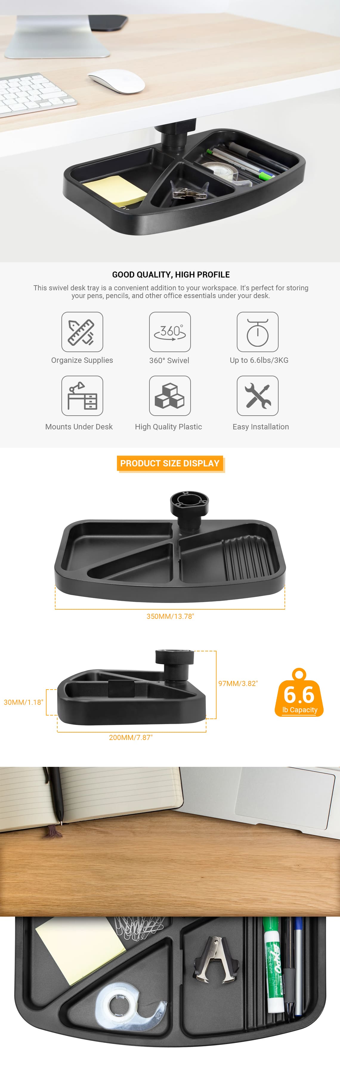 Under desk swivel storage tray - PrimeCables®