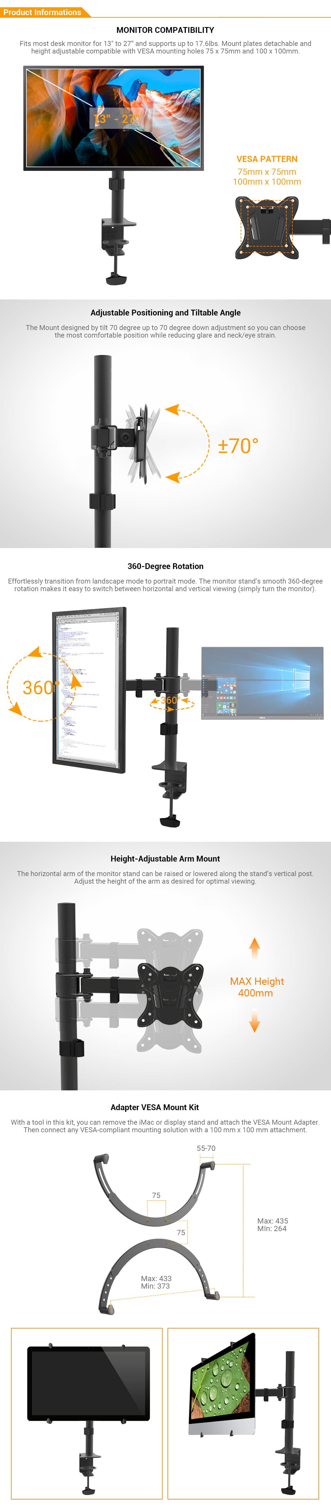 PrimeCables® Single Monitor Desk Mount & Adapter VESA Mount Kit Combo