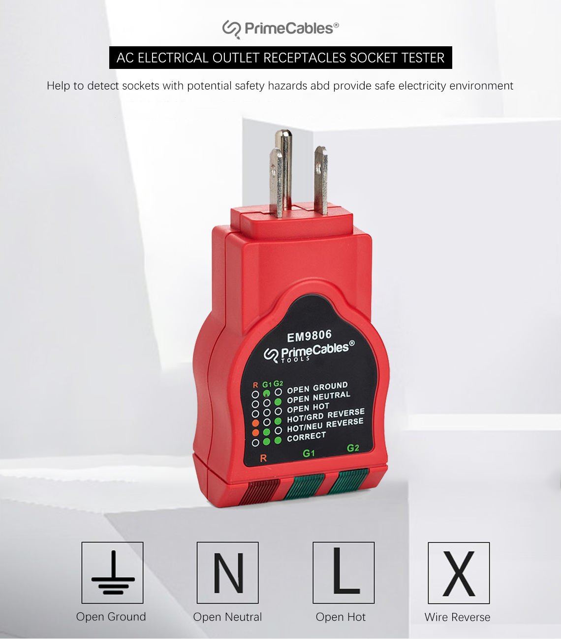 Portable Socket Tester for 3-Wire Receptacles Test, cETLus - PrimeCables®
