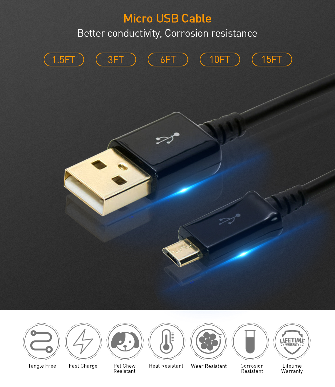 Premium USB 2.0 to Micro USB Cable 3ft - PrimeCables