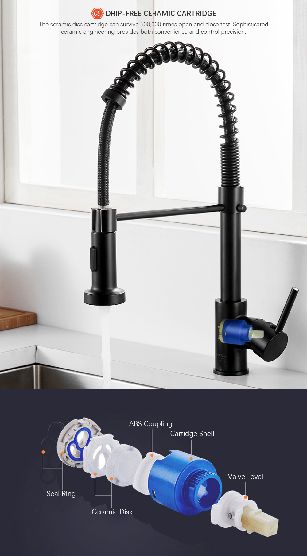 Robinet de Cuisine Extractible Rotatif - Noir - LIVINGbasics