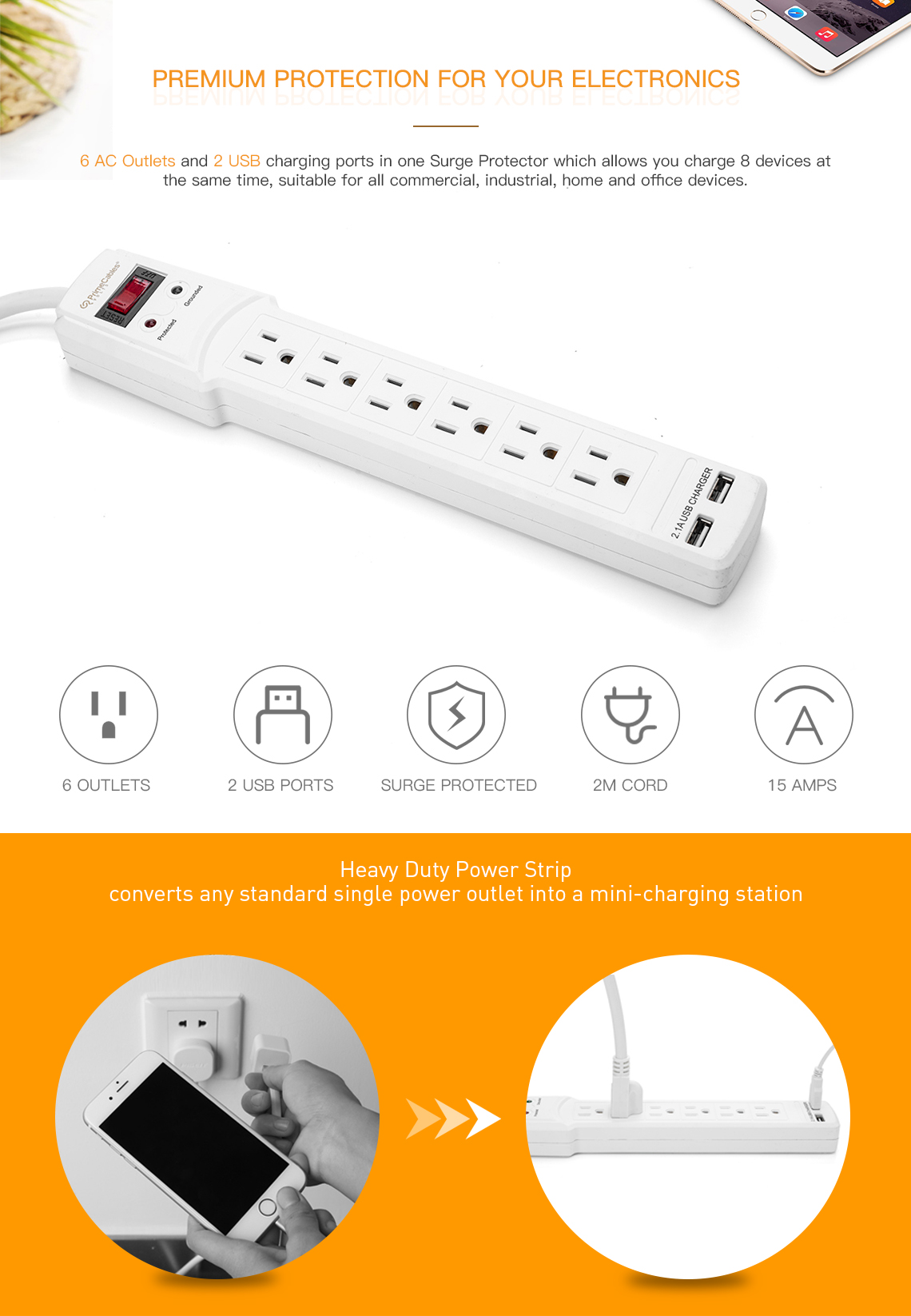 Surge Protector Power Strip with 2 USB Ports - PrimeCables