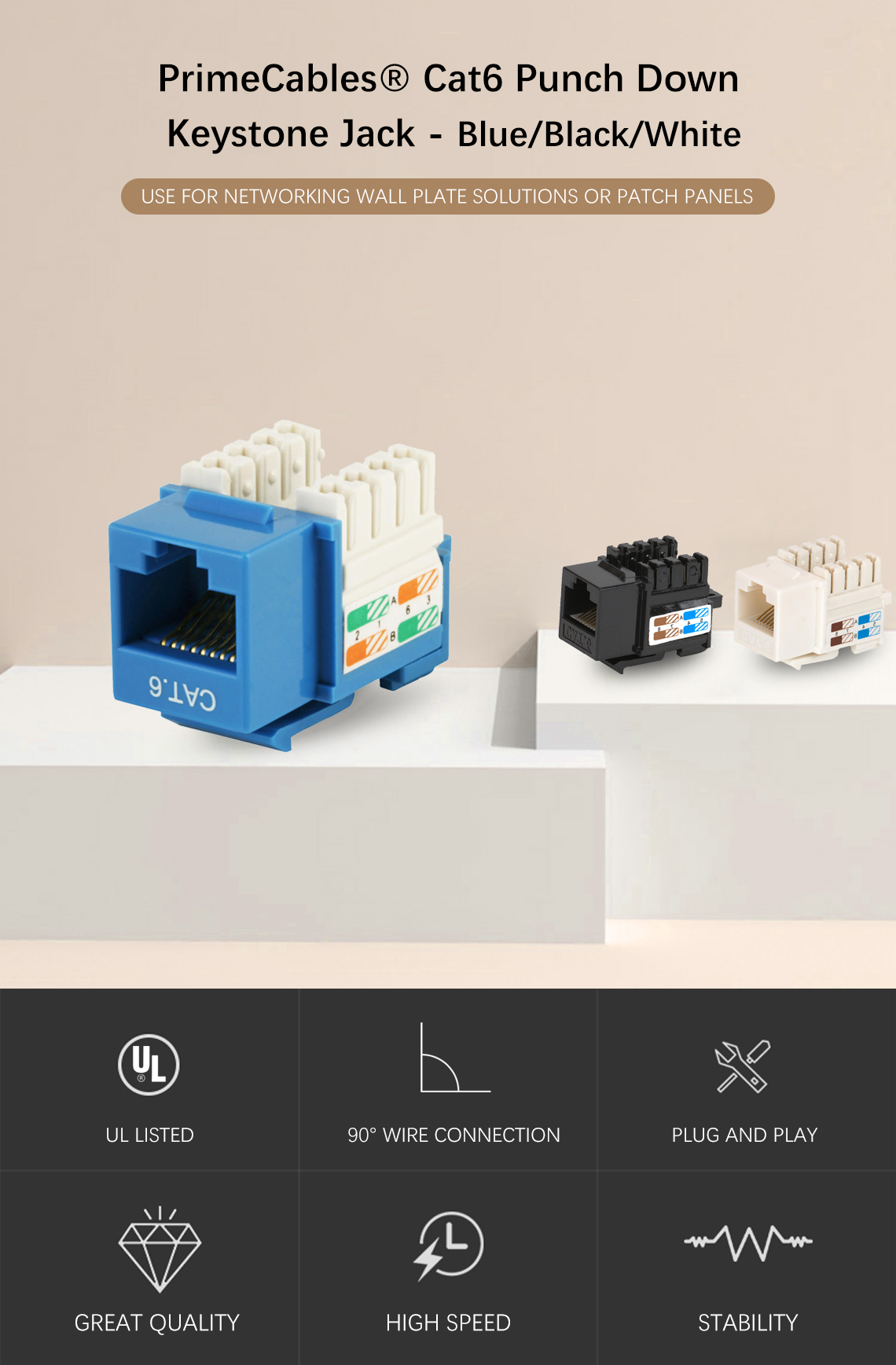 Cat6 Punch Down Keystone Jack - Blue - PrimeCables®