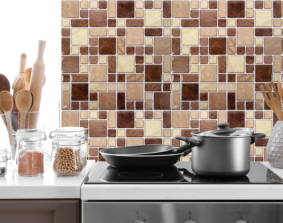 Peel and Stick Self-Adhesive Multi Square Tile Wall Decals, Brown, 10 ...