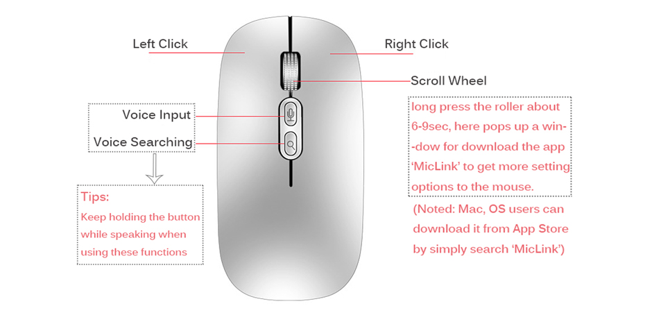 Wireless Smart Voice Mouse, Rechargeable, Silver