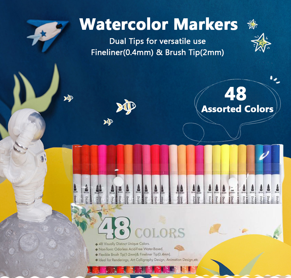 Dual Tip Watercolor Markers, 48 Assorted Colors/Pack, Fineliner & Brush Tip