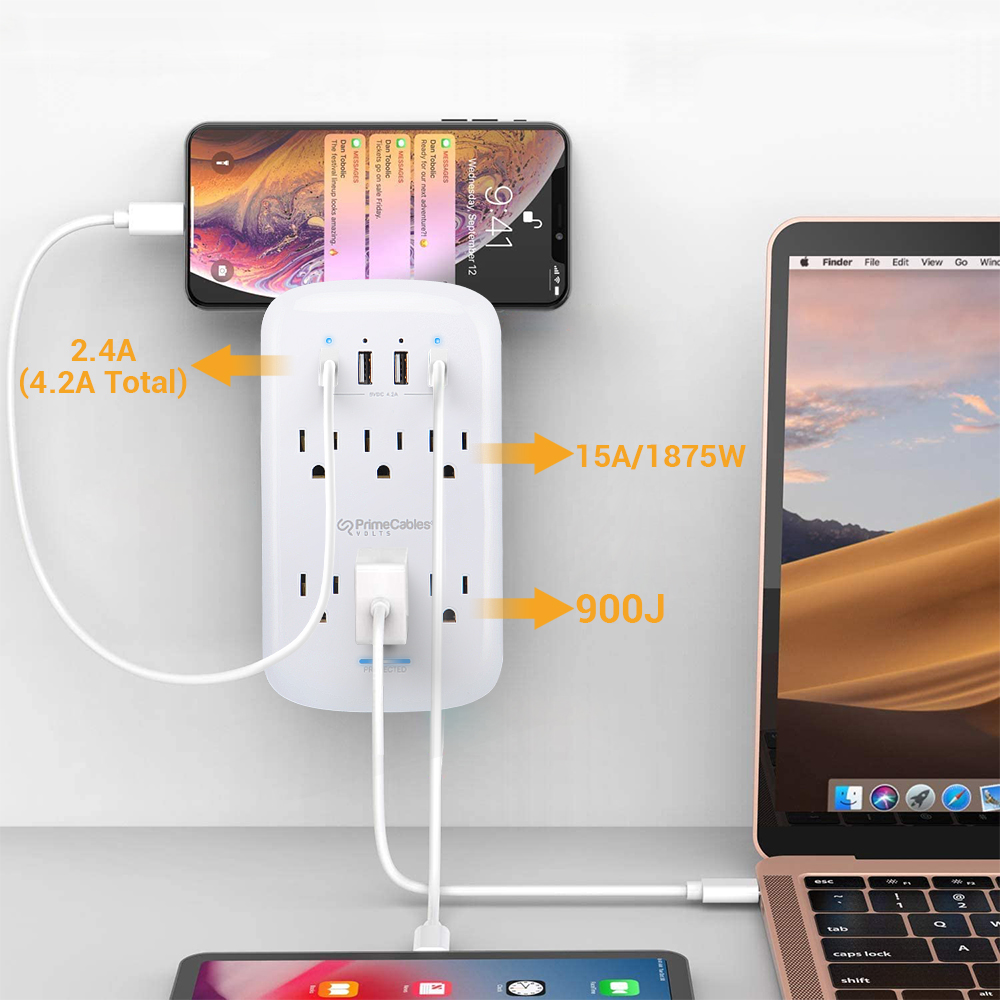 6-Outlet Surge Protector with 4 USB Ports - Wall Mount - PrimeCables