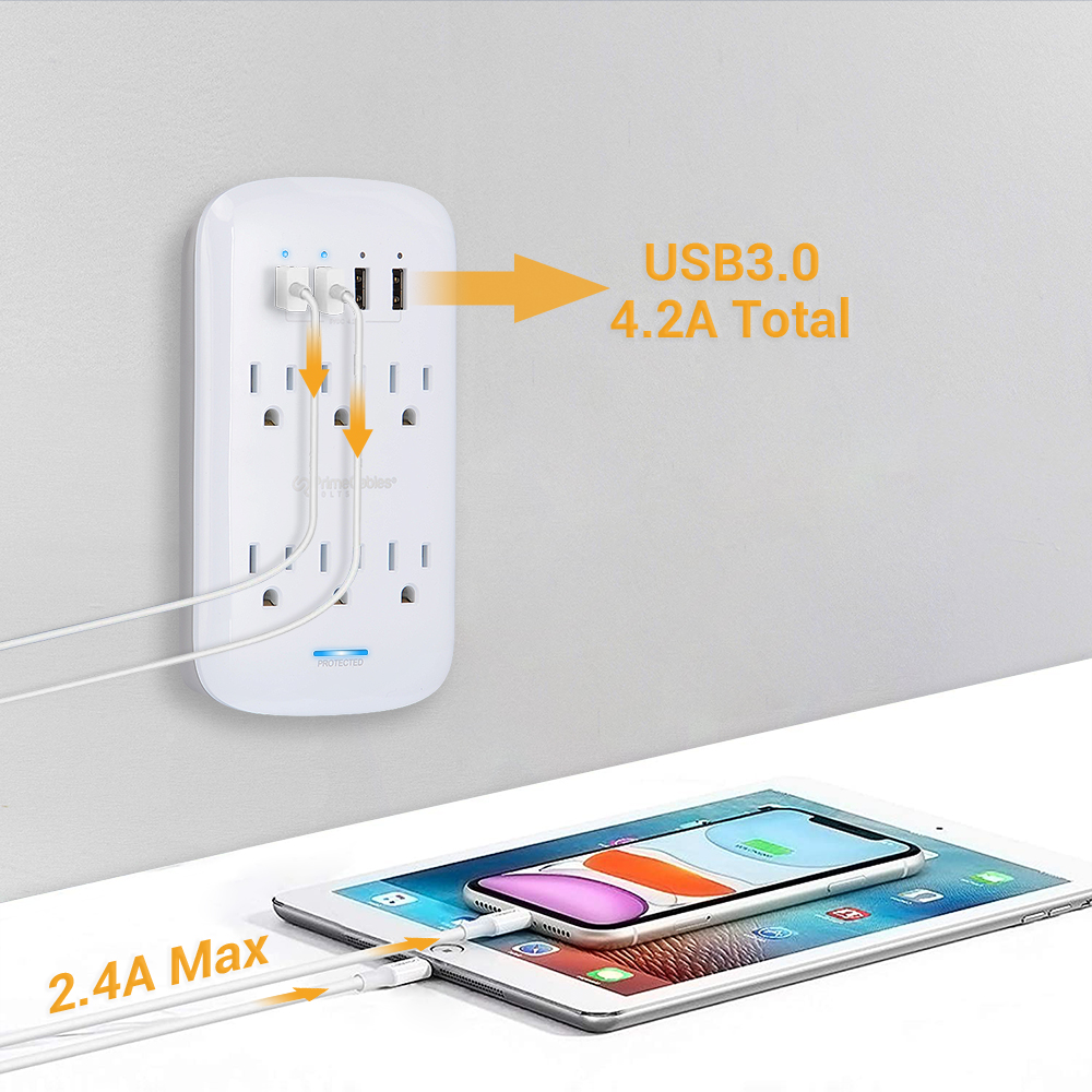 6-Outlet Surge Protector with 4 USB Ports - Wall Mount - PrimeCables