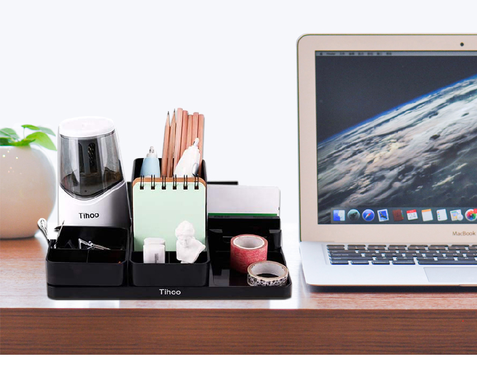 Multifunctional Desktop Organizer with 3 USB Charger Ports, Set of 7, Black