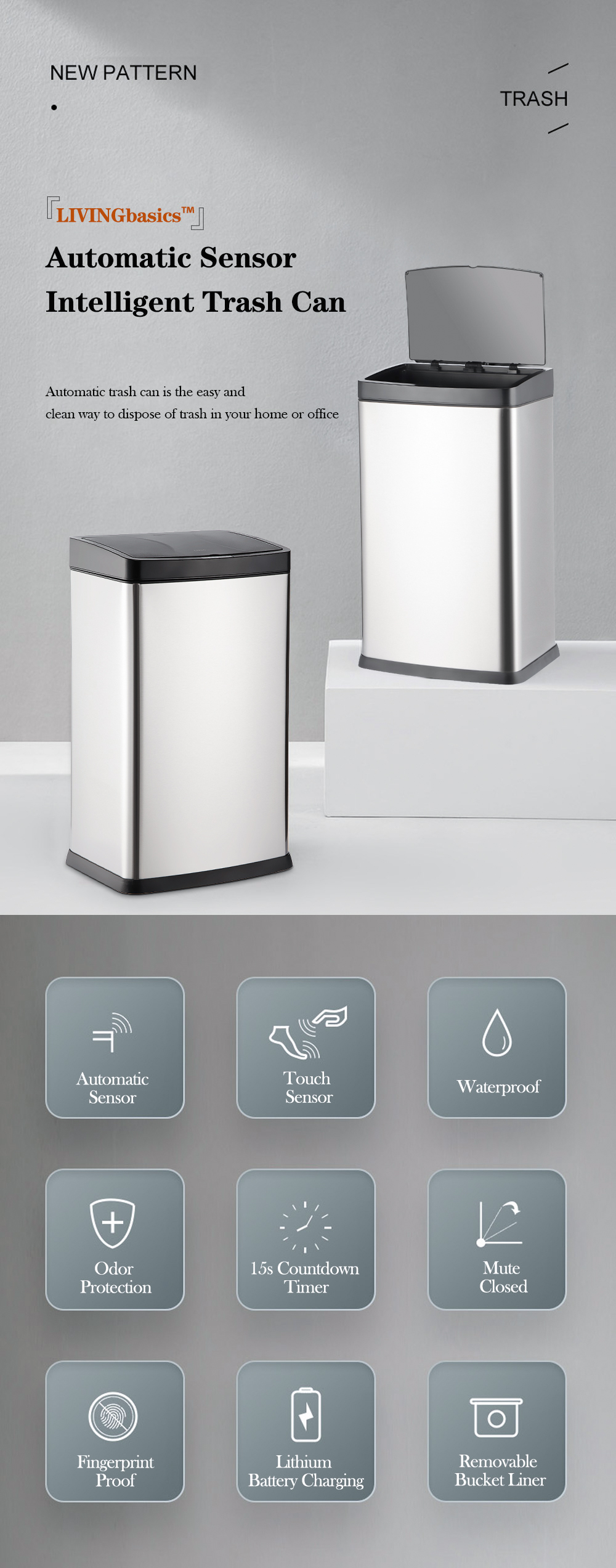 Automatic Touchless Infrared Sensor Trash Can Stainless Stee, 20L ...