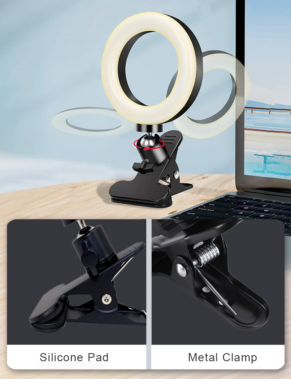 6" Clip-on Selfie Ring Light With 10 Adjustable Brightness & 3 Color Modes