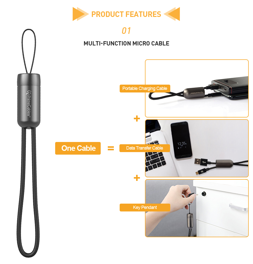 Nylon Braided USB-A to Micro-USB Charge & Sync Key Pendant Cable, Black ...