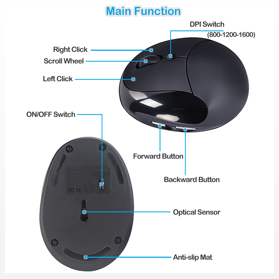 Compact 2.4G Wireless Vertical Mouse, Rechargeable, Black