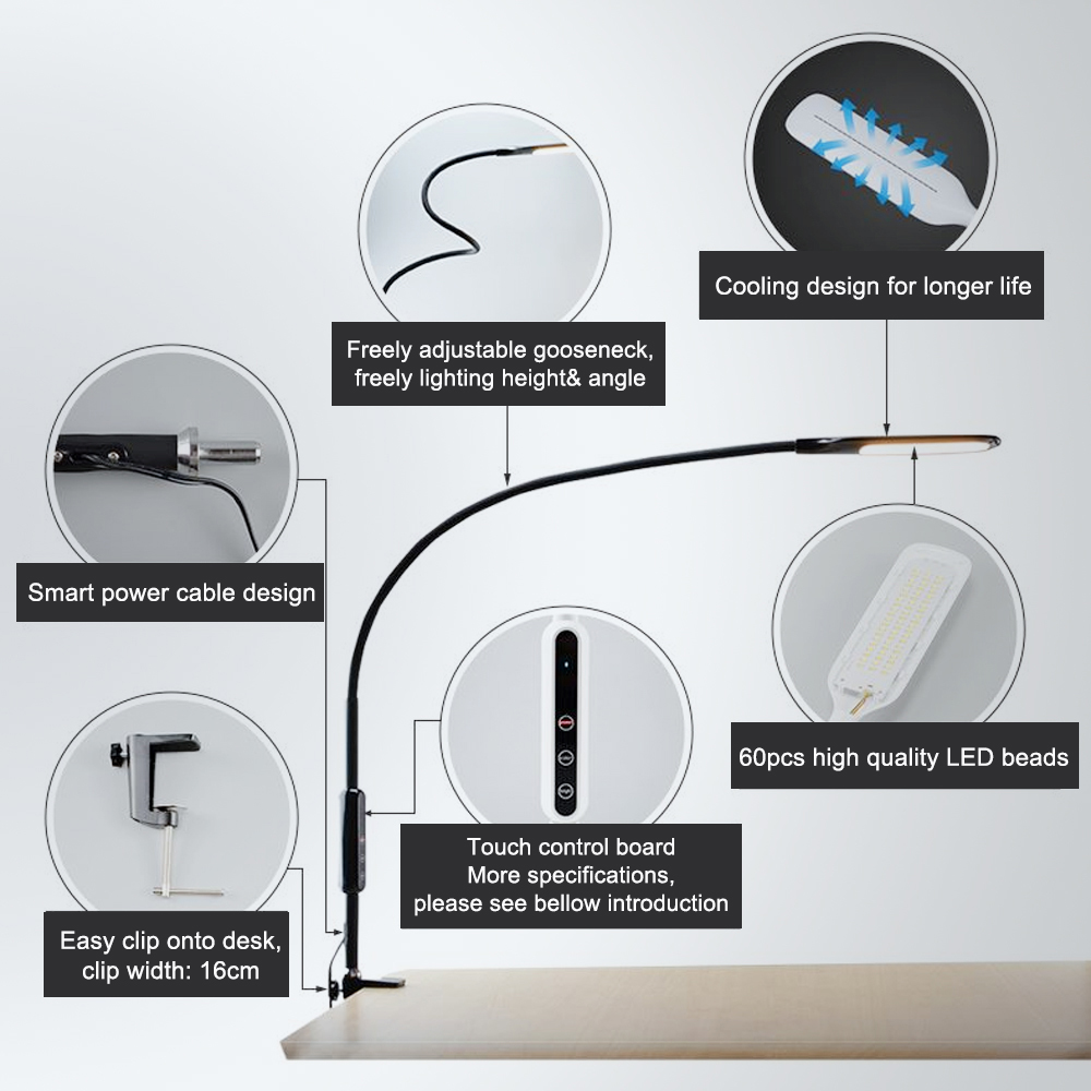 LED Clip-on Desk Light With Remote Control & 5 Brightness Level, Black