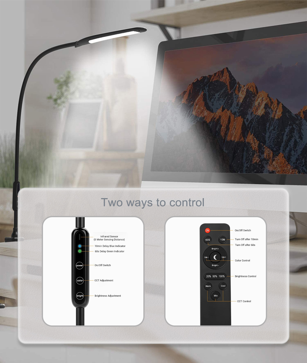 LED Clip-on Desk Light With Remote Control & 5 Brightness Level, Black