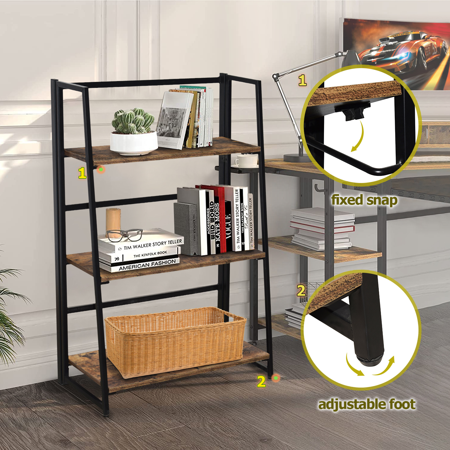 Industrial Folding 3-Tier Ladder Shelf, No-Assembly Bookcase ...