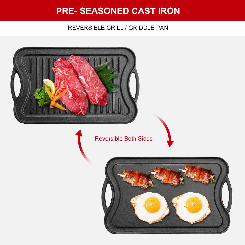 Pre-Seasoned Cast Iron Reversible Grill with Handles, 16.5" x 9.9" x 0. ...